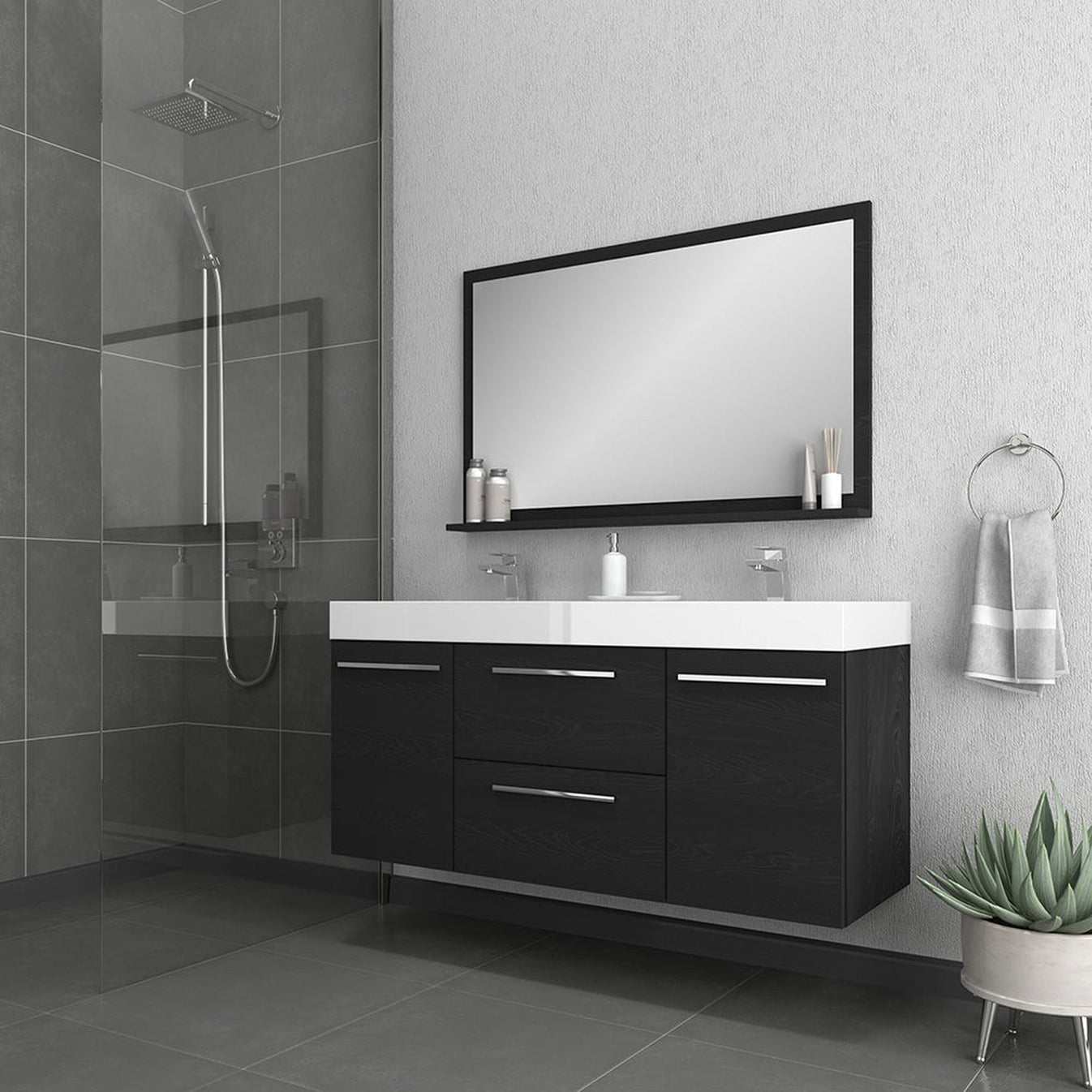 Alya Bath Ripley 54" Double Black Modern Wall Mounted Bathroom Vanity ...