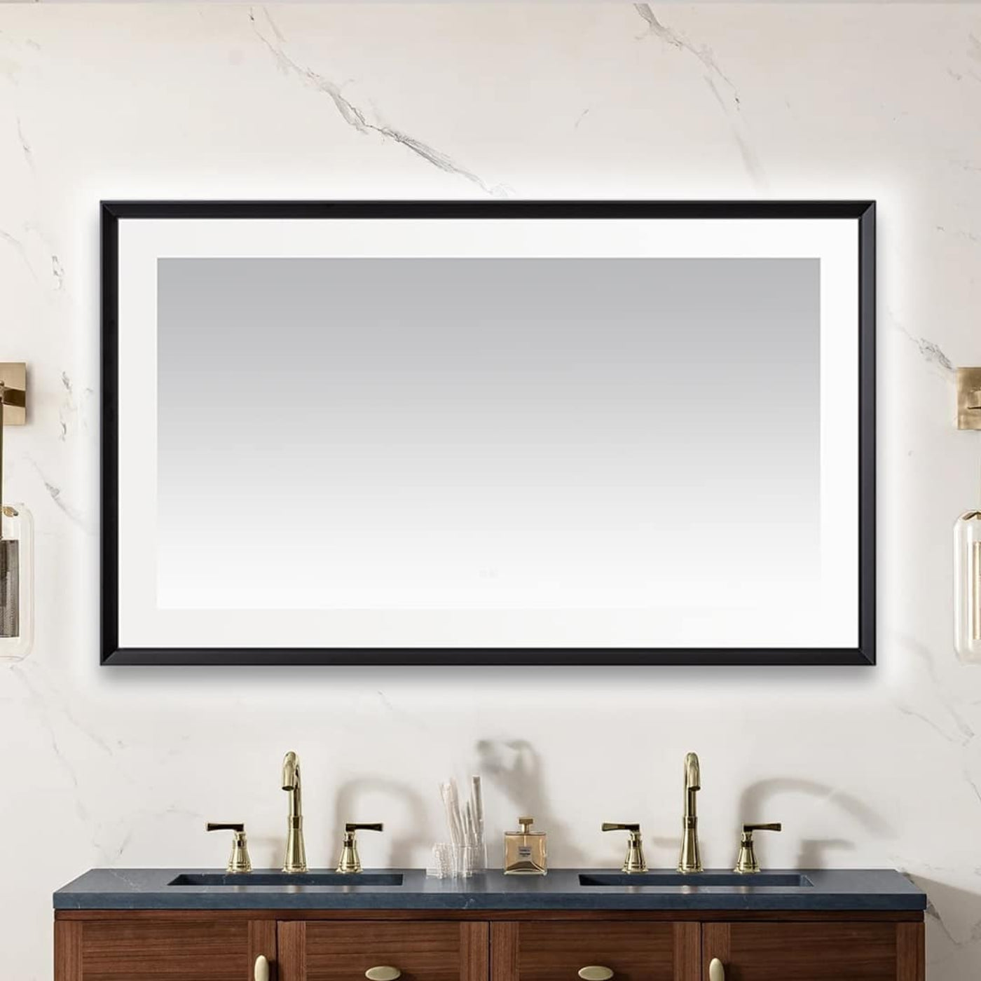 Aquadom Madison 60" x 36" Matte Black LED Lighted Chamfer Frame Mirror ...