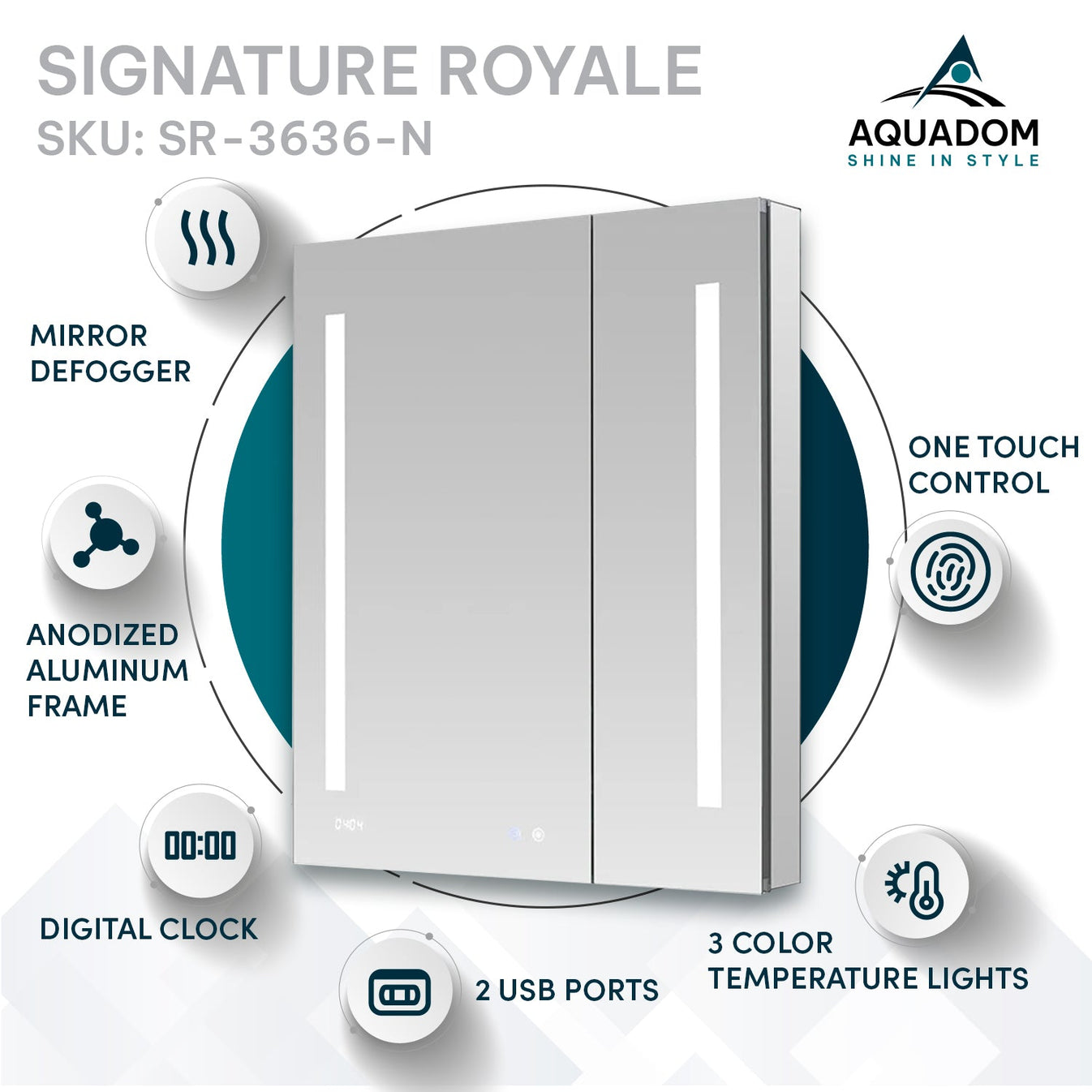 Aquadom Signature Royale 36" x 36" Double-Door LED Lighted Medicine Ca ...