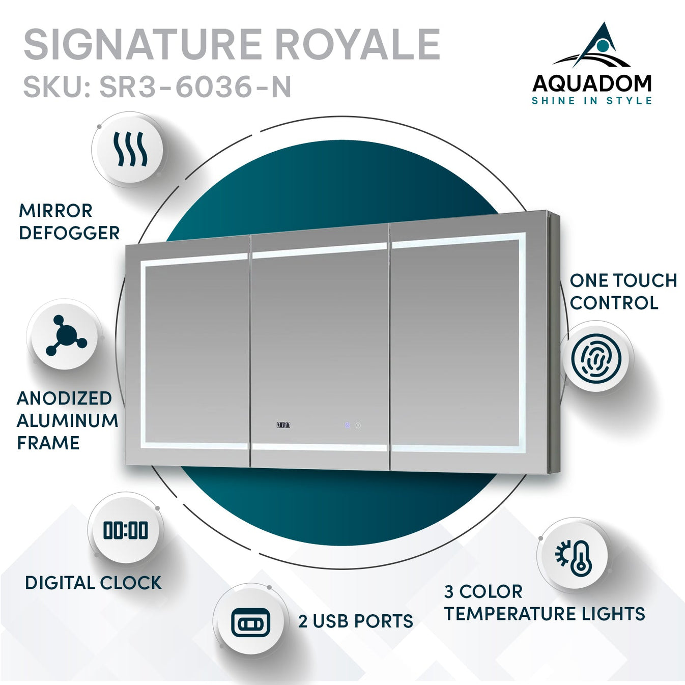 Aquadom Signature Royale 60" x 36" Triple-Door LED Lighted Medicine Ca ...