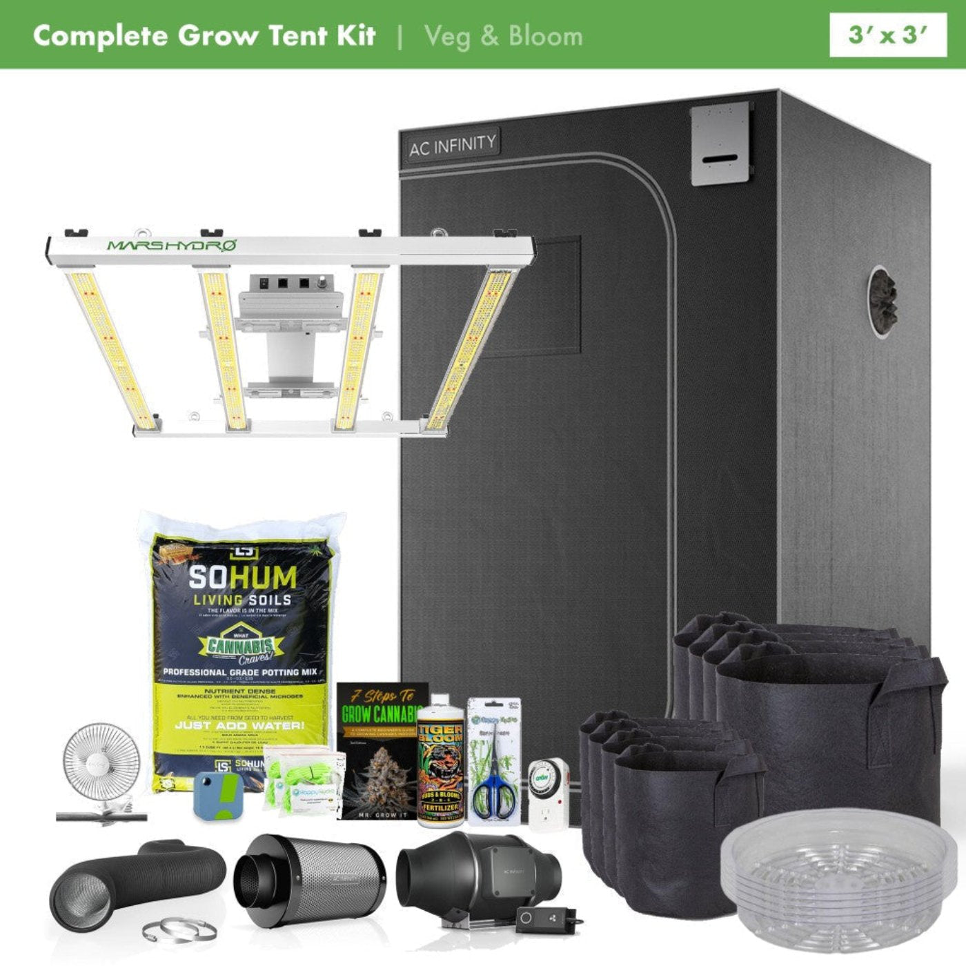 Mars Hydro FC-E 3000 + Happy Hydro AC Infinity 3' x 3' Complete Grow K ...
